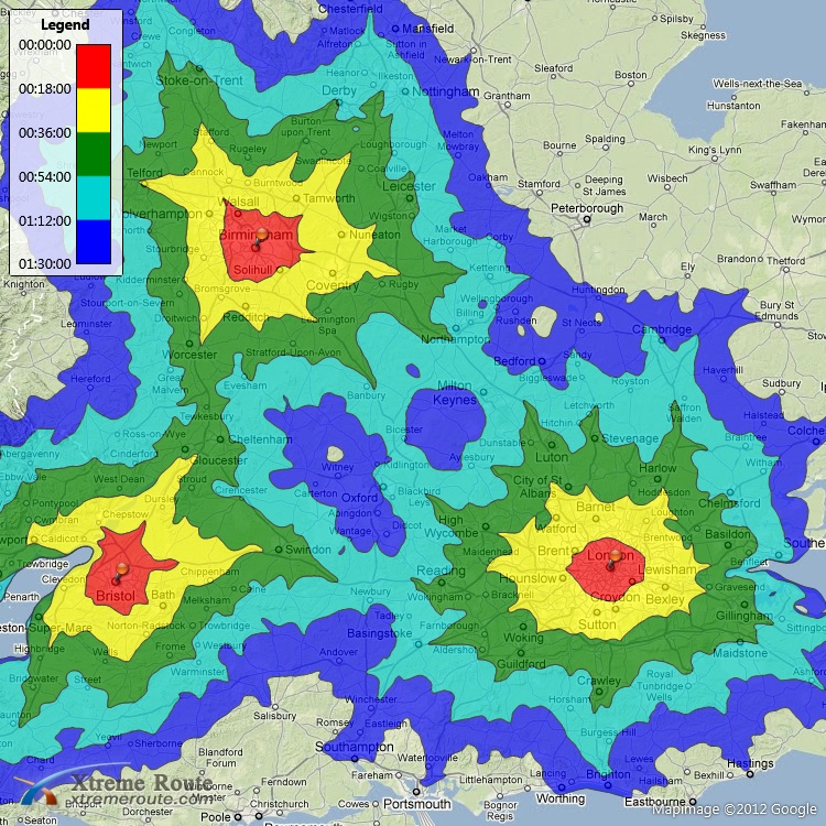 Xtreme Route - Screenshots of isochrones and routes.